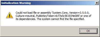 Iron Speed Designer Help - Initialization Warning: Could not load file or assembly 'System.Core